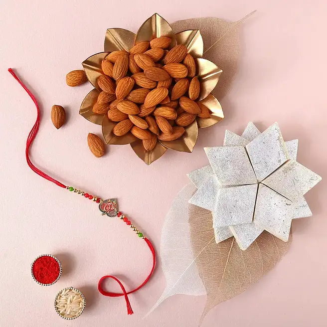 Sneh Om Leaf Rakhi With Kaju Katli & Almonds australia | Gift Sneh Om ...