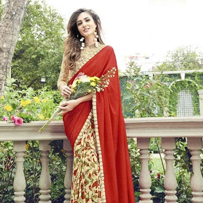 Buy/Send Red and Off White Festive Wear Printed Saree Online- FNP