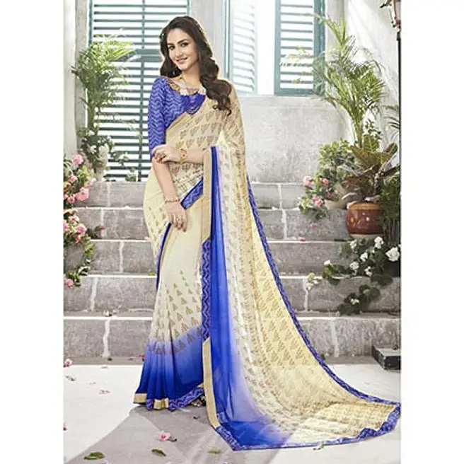 Buy/Send Off White Faux Georgette Casual Wear Saree In Print Online- FNP