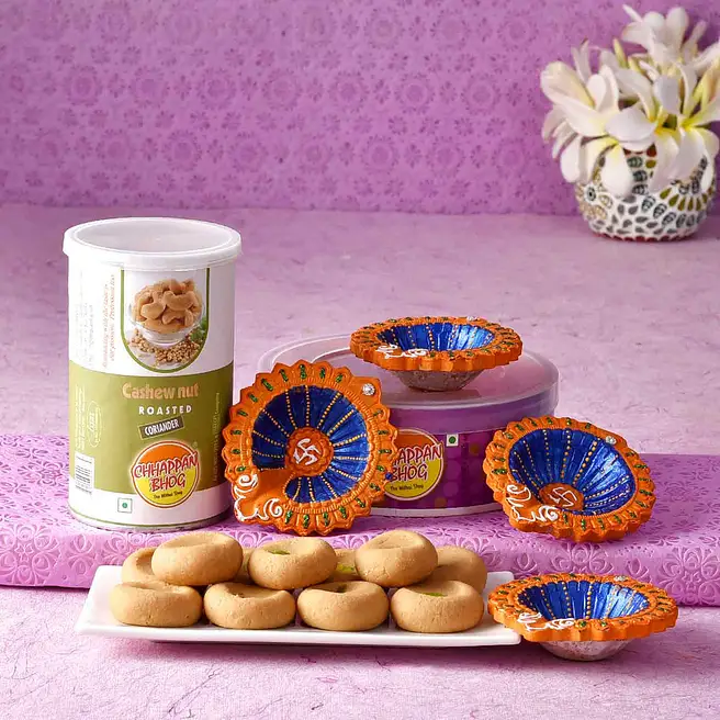 Buy/Send Chhappan Bhog Mathura Peda & Cashews With Diyas Online- FNP