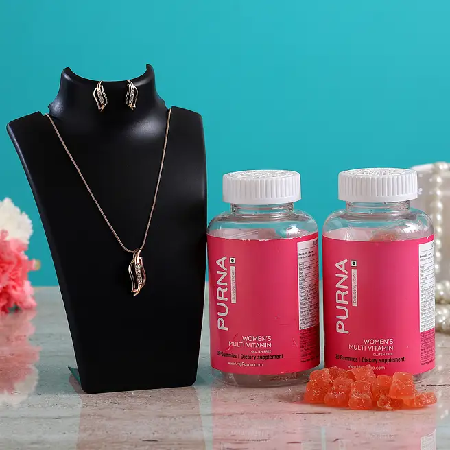 Buy/Send Purna Strawberry Gummies & Gold Plated Necklace Set Online- FNP