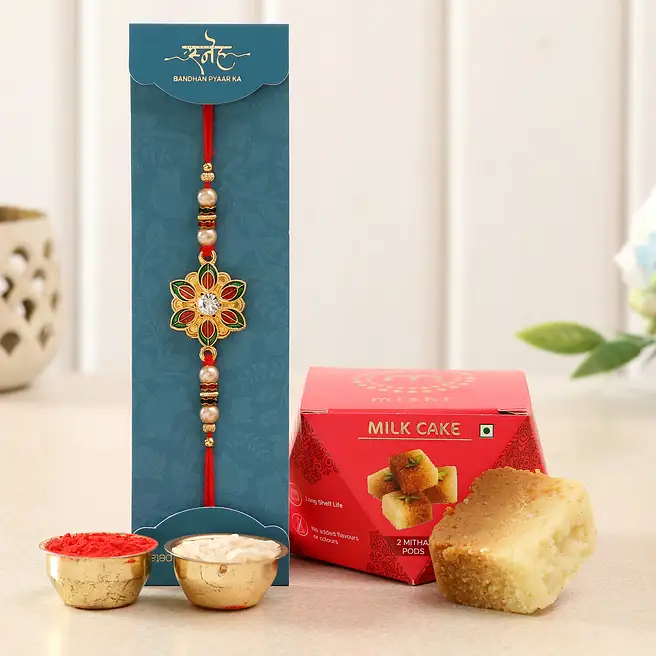 Buy/Send Beautiful Meenakari Rakhi & Milk Cake Online- FNP