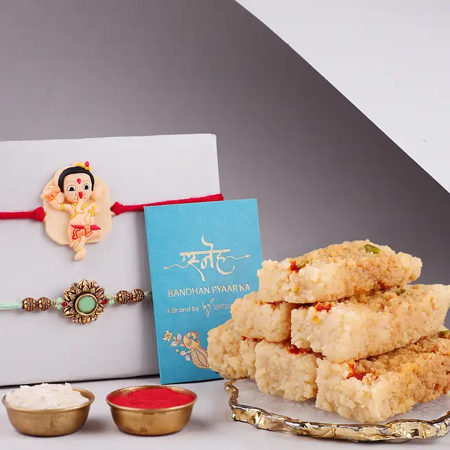 Buy/Send Rudraksha & Meenakari Rakhi Set With Milk Cakes Online- FNP