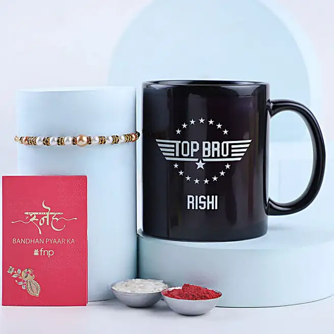 Buy/Send Ethnic Pearl Rakhi and Personalised Top Bhai Mug Online- FNP