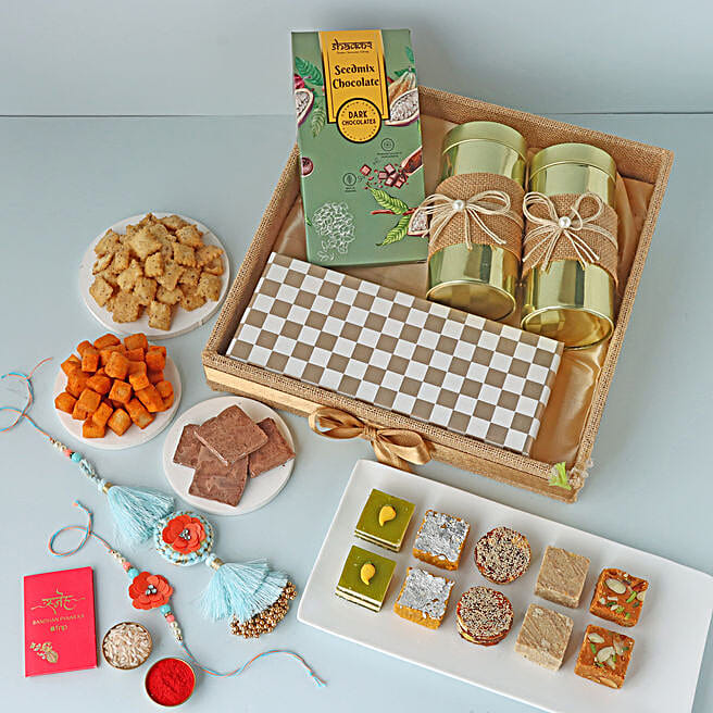 Buy/Send Shakkar Bhaiya Bhabhi Rakhi Mithai Gift Hamper Online- FNP