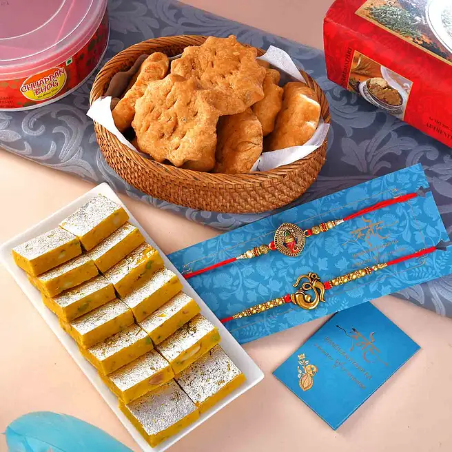 Om And Ganesha Rakhis With Achari Mathri And Kaju Kesar Barfi mauritius ...