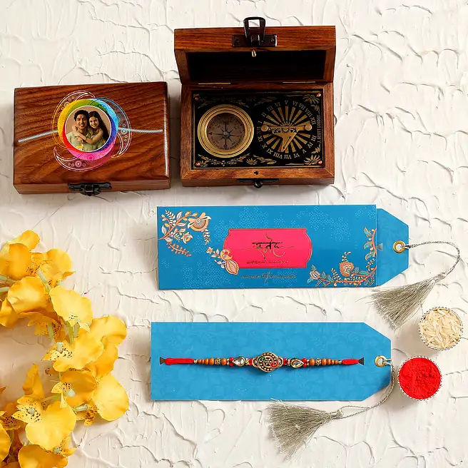 Designer Rakhi and Personalised Dual Sun Dial Compass Hamper oman ...