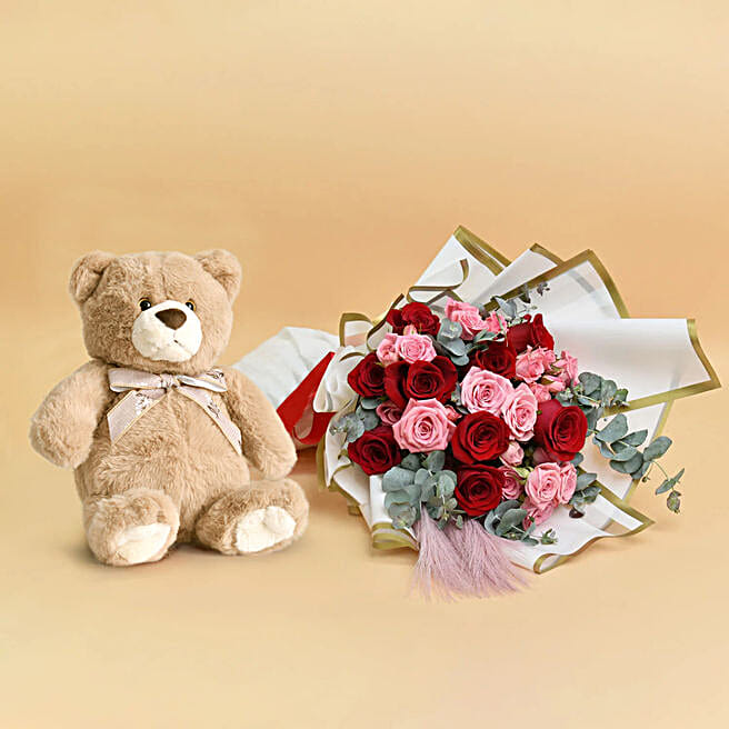 Red and Pink Roses Beauty Bouquet and Teddy uae | Gift Red and Pink ...